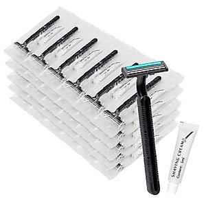 Disposable Razors in Bulk, Bulk Razors with Knife Cap, Black, Individually Packaged Disposable Razors Bulk with Shaving Cream for Hotels, Nursing Homes, Shelters, Homeless, Charities (pack-50)