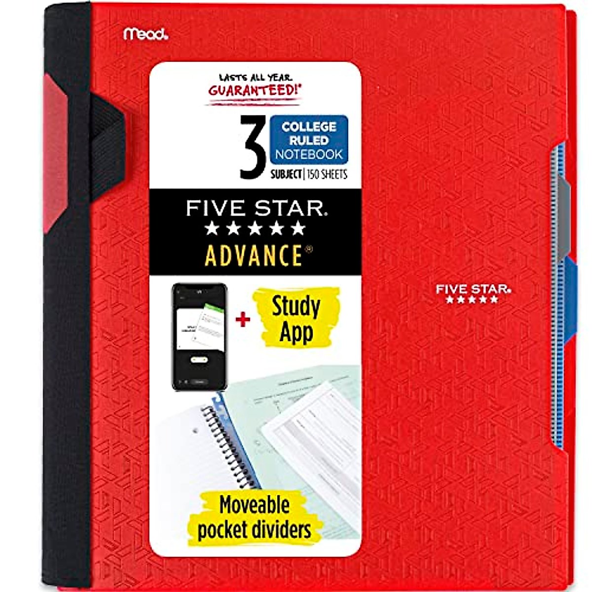 Five Star Advance Spiral Notebook Plus Study App, 3 Subject, College Ruled Paper, 11" x 8-1/2", 150 Sheets, With Spiral Guard and Movable Dividers, Fire Red, 1 Count (73134)