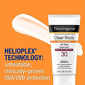 Neutrogena Clear Body Breakout-Free Liquid Sunscreen Lotion for AcneProne Skin, Oil Free Sunscreen, Broad Spectrum SPF 30, Oxybenzone Free, Fragrance Free, Non Comedogenic, Unscented, 5 Fl Oz