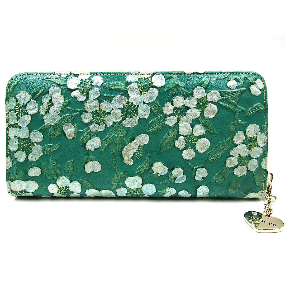 ArtsEye Peach Embossed Genuine Leather Zip Around Wallet (Green)