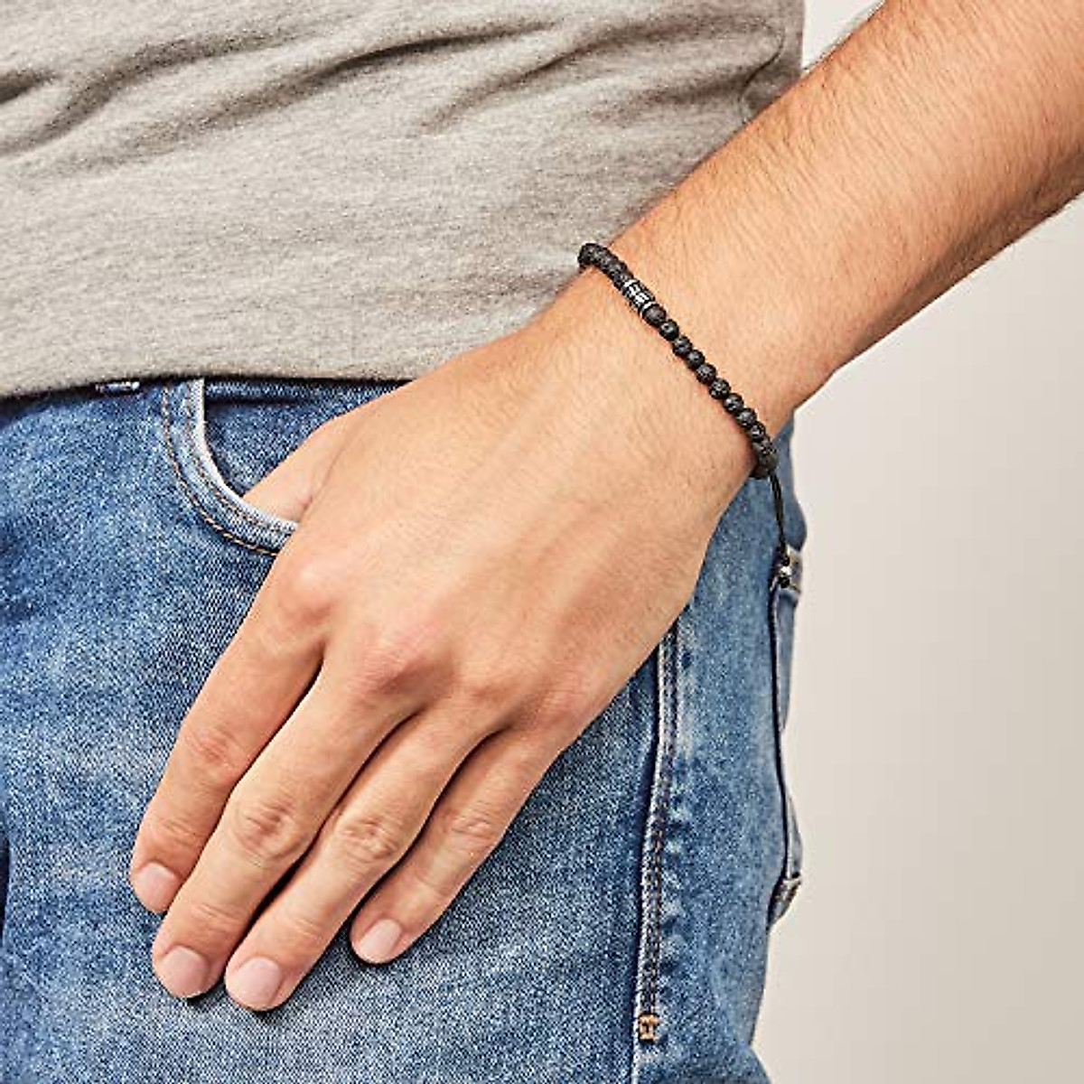 Fossil Men's Beaded Bracelet, Color: Black (Model: JF02887040)