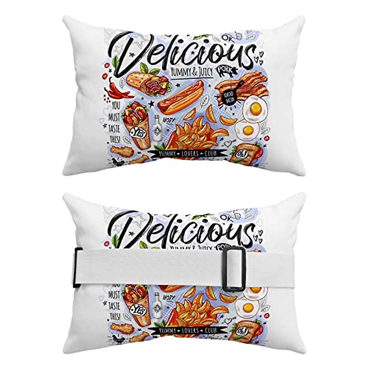 Recliner Head Pillow Ledge Loungers Chair Pillows with Insert Food Doodle Delicious Hot Dog Bacon Lumbar Pillow with Adjustable Strap Outside Patio Decorative Garden Cushion for Bench Couch, 2 PCS