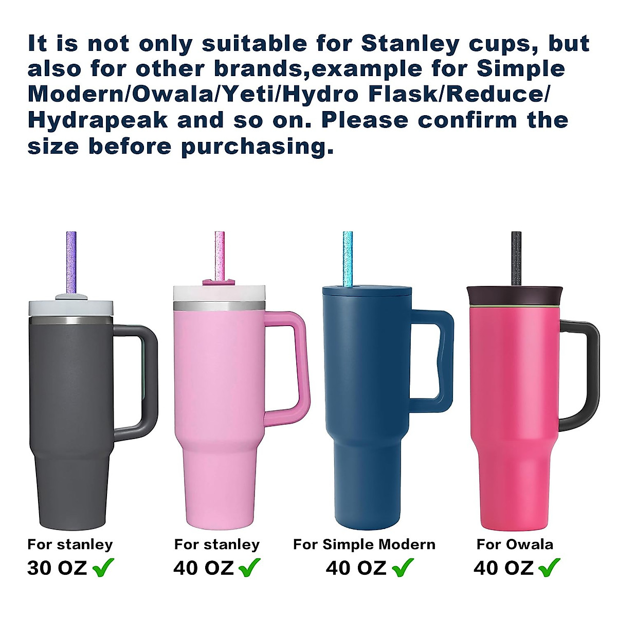 Replacement Straw for Stanley|Simple Modern|Owala 40 oz 30 oz Cup Tumbler, 10 Pack 12.13-In Long Reusable Straw with Cleaning Brush, Color, Dishwasher Safe, Plastic Straw for stanley cup accessories