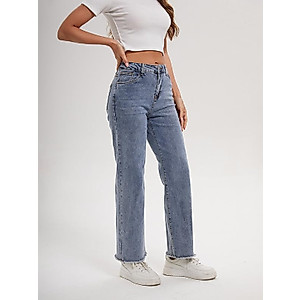 PEIHOT 90S Wide Leg Pants for Women Stretchy Mid Waisted Raw Hem Straight Leg Jeans Denim Pants 2023 Trendy Light Blue