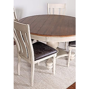 Roundhill Furniture Arch Solid Wood Dining Set: Round Table, Four Chairs, Distressed White and Dark Oak