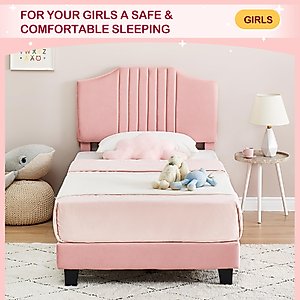 IDEALHOUSE Twin Bed Frame Upholstered Platform with Headboard, Strong Frame and Wooden Slats Support, Velvet Fabric Wrap, Non-Slip and Noise-Free,No Box Spring Needed, Easy Assembly, Pink
