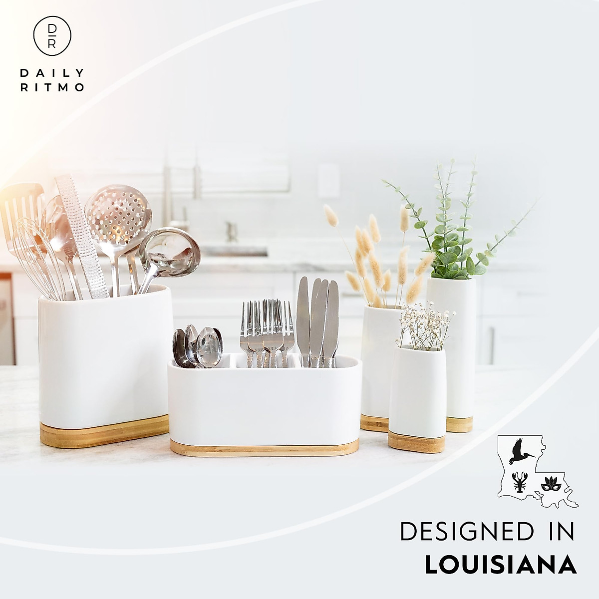 DAILY RITMO Countertop Silverware Holder | Oval Cutlery Caddy | Minimalistic Fork Spoon Knife Utensil Organizer | Plastic Flatware Holder for Parties | Desk Organizer Caddy | Pen Pencil Holder