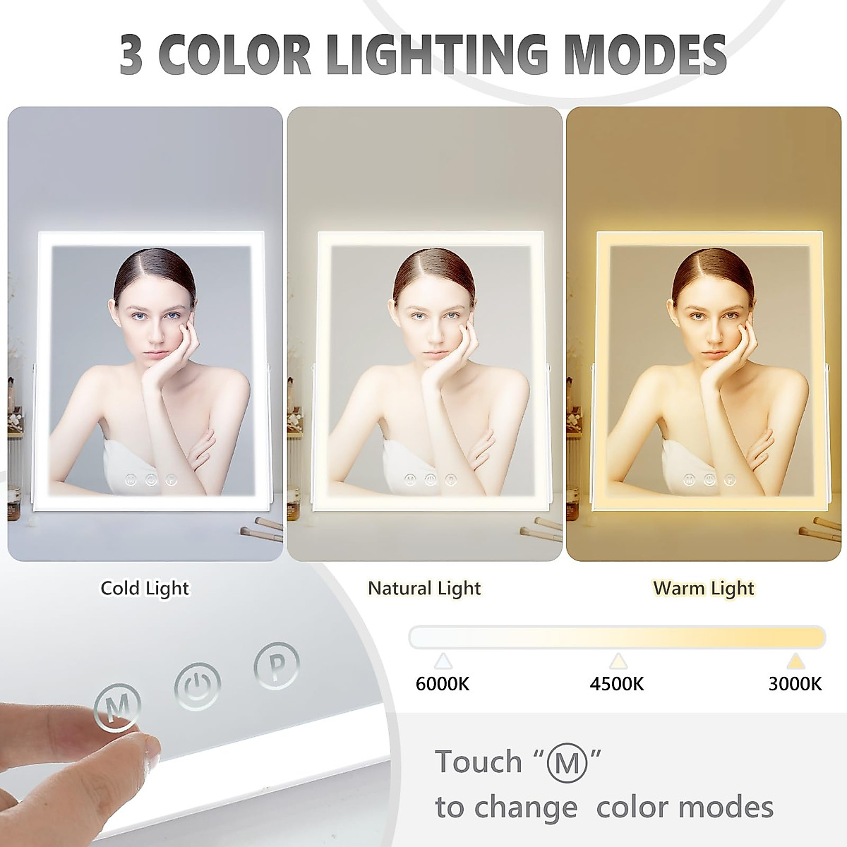 Vanity Mirror with Lights,10"x12" Lighted Makeup Mirror, 3 Colors Dimmable, 360 Degree Rotation Makeup Mirror with Lights, Dual Power Supply, Portable Led Makeup Mirror, Smart Touch Control (White)