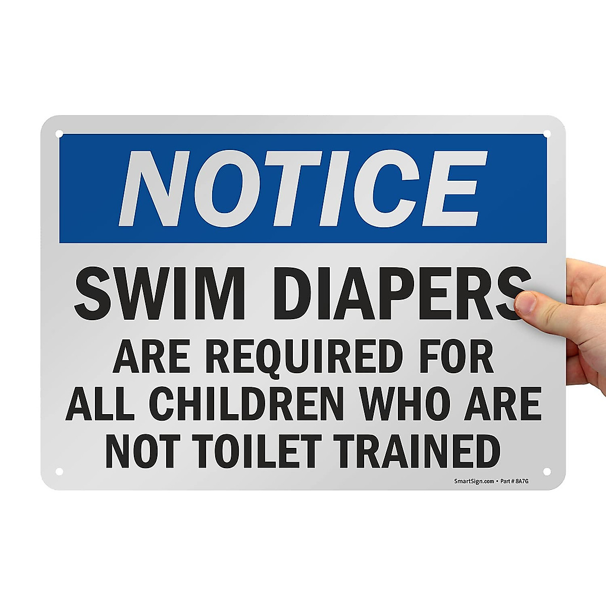 SmartSign 10 x 14 inch “Notice - Swim Diapers Are Required For All Children Who Are Not Toilet Trained” Sign, Digital Printing, 55 mil HDPE Plastic, Blue, Black and White, Made in USA