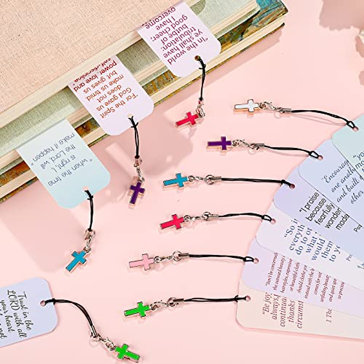 24 Pieces Christian Bookmarks for Women Flower Bible Verse Book Marks Floral Religious Bookmarks Christian Gift with 24 Pcs Cross Pendants for Reading Reward, Church Decoration (Flower Style)