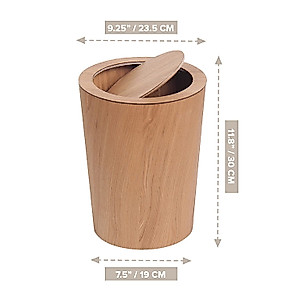 Modern Round Trash Can with Lid,Real Wood Waste Basket in Light Brown,9.25"x7.5"x11.8",8L/2.1Gal Swing Top Small Trash Can, Living Room, Office & Bathroom Den Loft Garden Patio