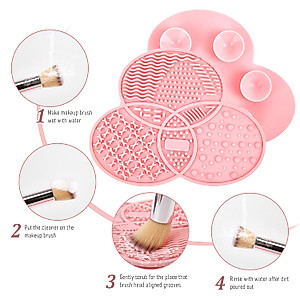 Makeup Brush Cleaning Mat & Makeup Brush Drying Rack, Diolan 28 Holes Makeup Brush Holder, Silicone Rubber Clover Shaped Mat Cleaner - Black & Pink