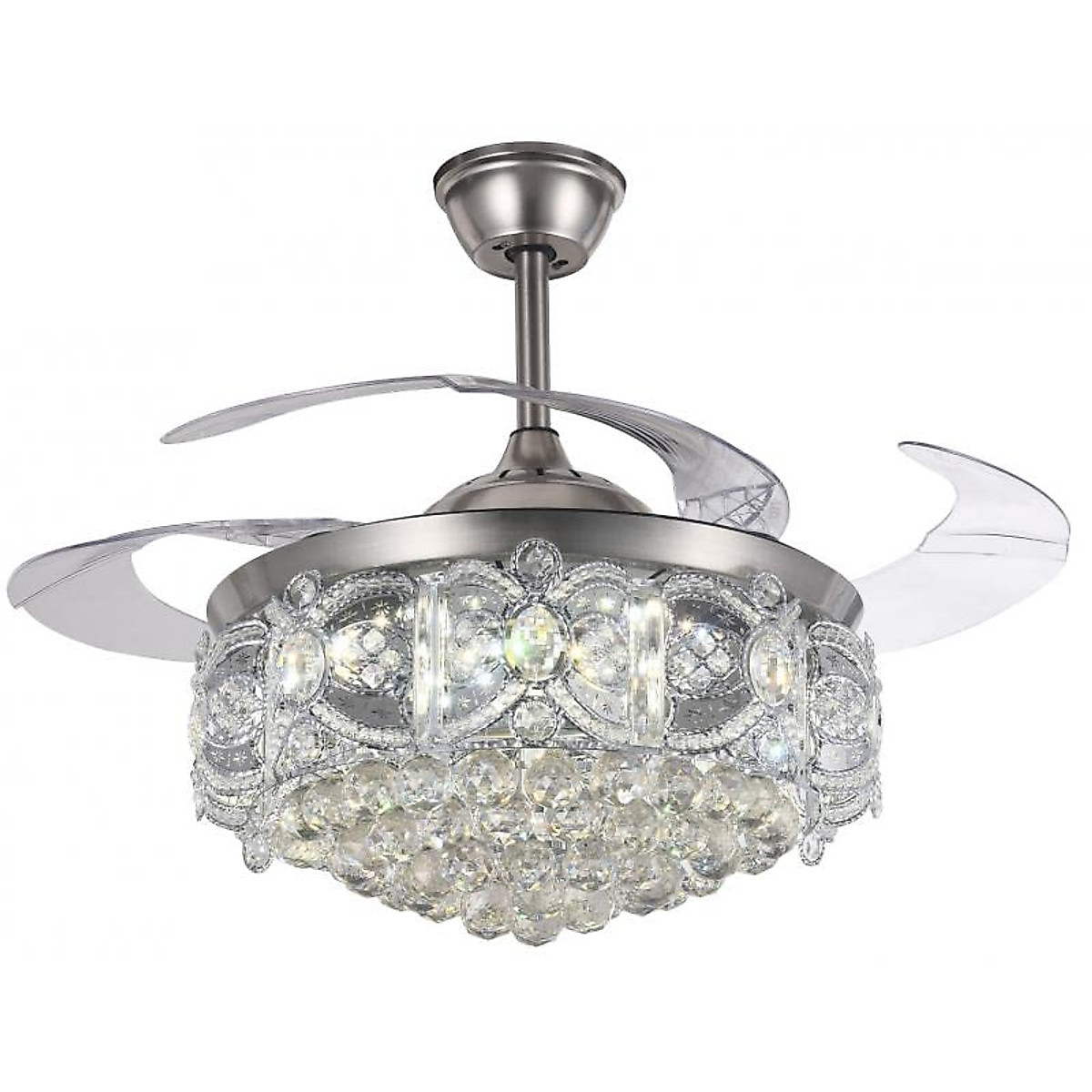 Clody 42''Luxury Crystal Fandelier Ceiling Fan with Lights Modern Chandelier Ceiling Fans with 3 Color LED Panel 3 Speed Quiet Motor Retractable and Reversible Blades Fan for Indoor