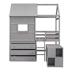 Twin Size House Loft Bed with Storage Desk and 3 Drawer Chest, Wood Loft Bed with Safety Guard Rails, Multi-Functional Loft Bed for Kids Boys Girls Teens Bedroom, Maximize Space Savings (Gray 014)