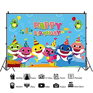 Retyshia 5x3Ft Happy Birthday Backdrops Shark Theme Birthday Party Backdrop Decoration Cake Table Banner Baby Shower Newborn Photography Background (YYK01BD52-0453)