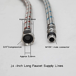 Homevacious 24-Inch Long Bathroom Kitchen Faucet Connector Braided Supply Hose 3/8-Inch Stainless Steel Female Compression Thread x M10 Male Connector, x 2 Pcs(1 Pair)