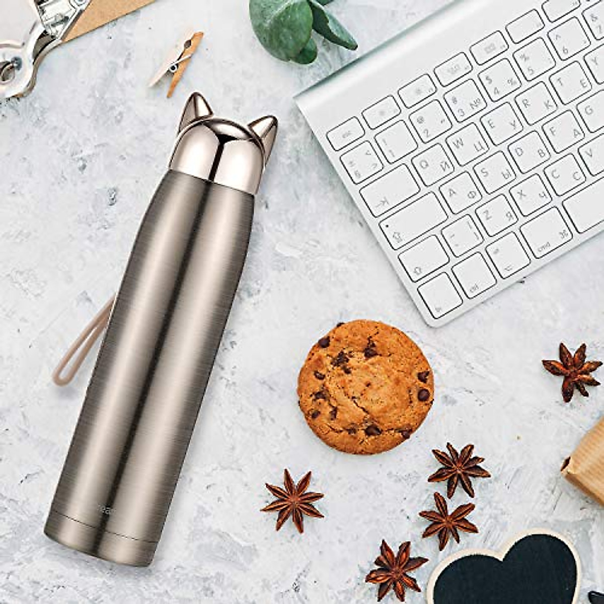 Cute Cat Water Bottle Stainless Steel Water Bottle Insulated Thermal Travel Mug Cute Vacuum Water Mug for Women and Kids (Gold)