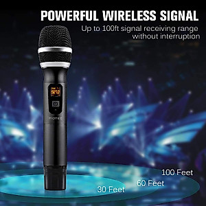 HOTEC Wireless Microphone, Metal Dual UHF Dynamic Handheld Microphone System for Karaoke, Singing, Speech (H-U26)