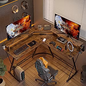 Mr IRONSTONE L Shaped Desk with Power Outlet 50" Computer Desk with Large Monitor Stand, Corner Desk Home Office Workstation Desks, Modern Simple Style Writing Table Desk