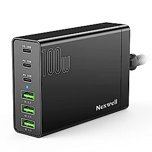 USB C Charger, Nexwell 100W GaN 6-Port Desktop USB Charging Station with 3 USB-C Ports +3 USB-A Ports, Portable PD Fast Charger for iPhone 14 13 12 Pro Max, iPad, Samsung Galaxy, 5ft Extension Cord