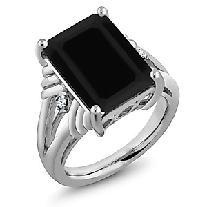 Gem Stone King 925 Sterling Silver Black Onyx and White Created Sapphire Engagement Ring For Women (7.38 Cttw, Gemstone December Birthstone, Emerald Cut 14X10MM, Size 7)