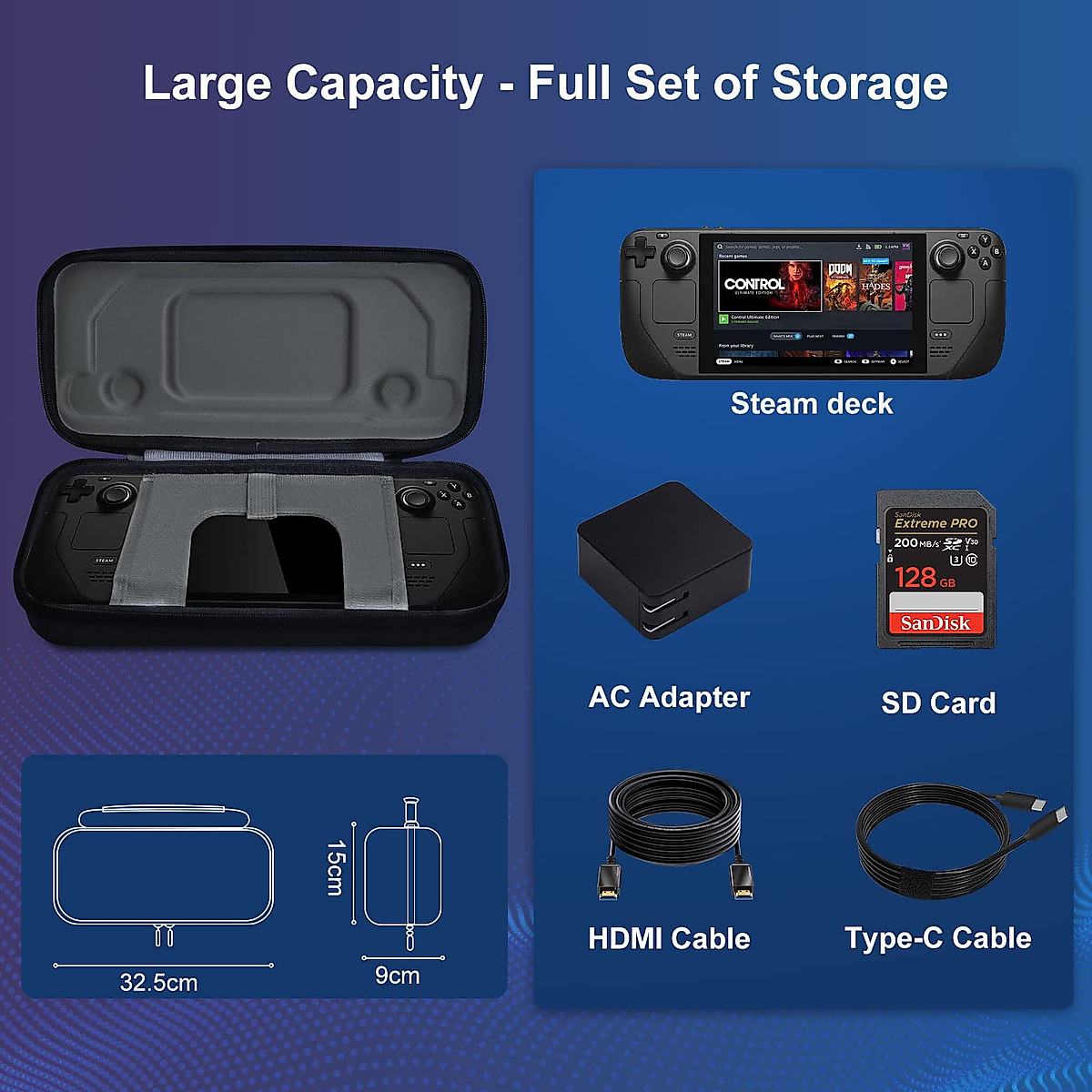 SIKROFEGEN Carrying Case Compatible with Steam Deck, Protective Hard Shell Carry Case Built-in AC Adapter Charger Storage, Portable Travel Carrying Case Pouch for Steam Deck Console & Accessories