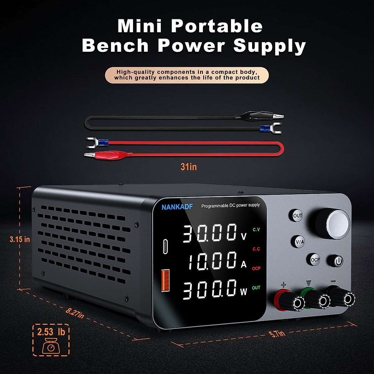 DC Power Supply, 30V 10A Bench Power Supply with Encoder Adjustment, 5V/3.6A USB&Type-C Quick-Charge, Variable Power Supply with Output Enable/Disable Button, Short Circuit Alarm (0-30V 0-10A)