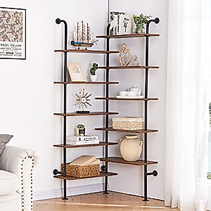 HOMBAZAAR Bookshelf,10-Tier L Shaped, Industrial Double Wide Wall Mount, Modern Bookcase with Metal Frame and Wood, Industrial Corner Pipe Shelf for Living Room and Office, Brown