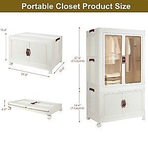 Portable Closet Wardrobe, Folding Storage Bins with Lid, Closet Organizers and Storage, Stackable Storage Box with Hanging Rod and Doors, Collapsible Plastic Clothes Cabinet with Wheels, 10 Hangers