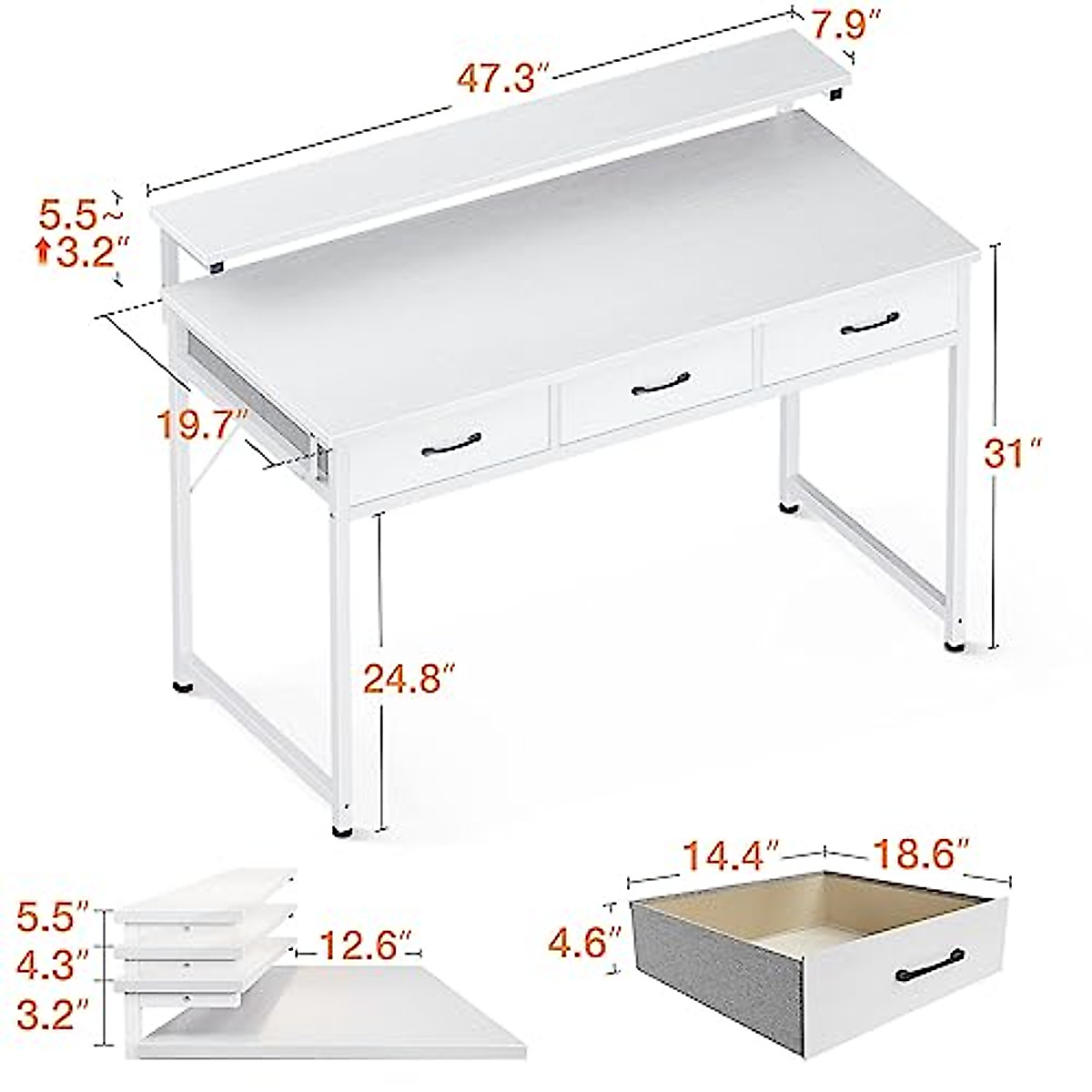 ODK 48 Inch Computer Desk with 3 Drawer and Large Storage Shelves, Home Office Desk with Monitor Shelf, Modern Work Writing Study Desk, White