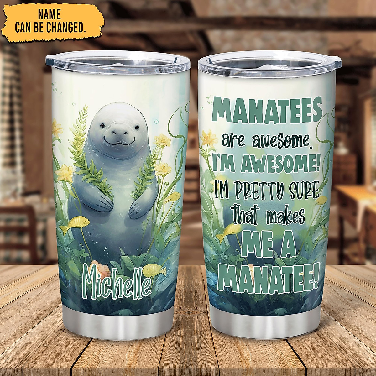 Hyturtle Personalized Gifts Manatee Lover - Me A Manatee Customized Name Stainless Steel Tumbler 20 oz With Lid - Idea Cute Sea Animal Lover Gifts For Women, Girl, Kids On Birthday, Christmas