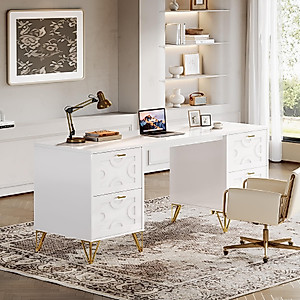 Tribesigns White and Gold Desk with Drawers, 59'' Modern Computer Desk with File Drawers, Work Desk with Storage, Simple Wood Desk with Gold Legs, Large Workstation for Home Office