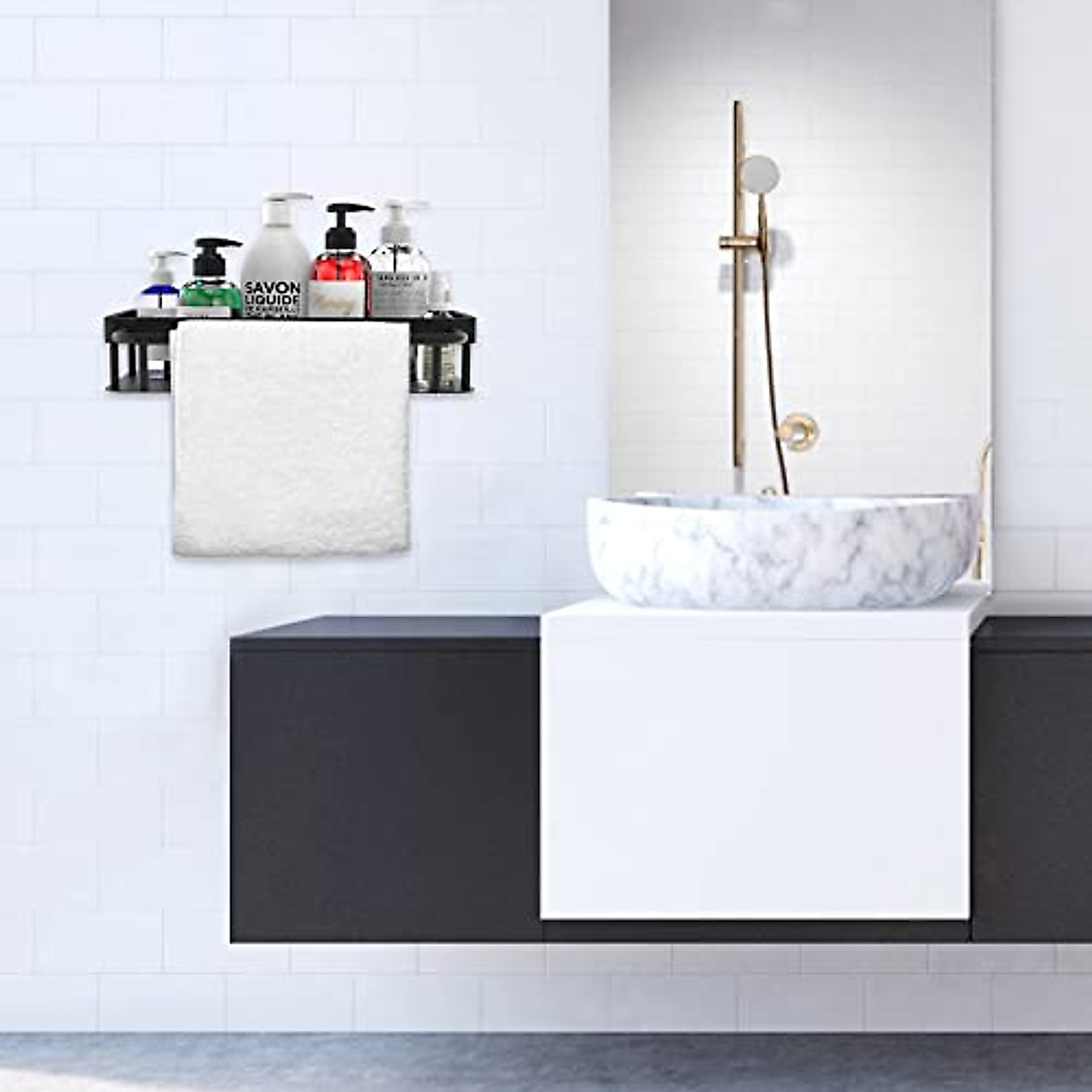 Misounda Shower Caddy Adhesive Shower Organizer Wall Mounted Shower Shelves with Towel Bar No Drilling Bathroom Organizer Shower Storage for Dorm Bathroom Toilet Kitchen-Black