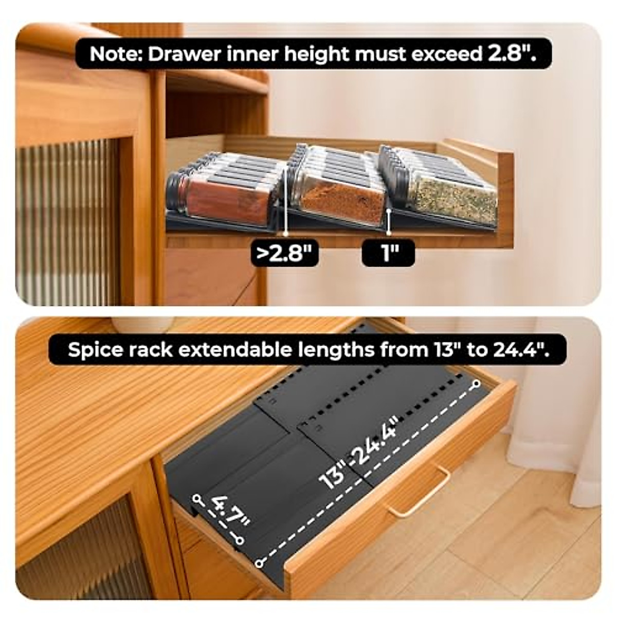 Homhut Spice Drawer Organizer, 4 Tier- 4 Pack Drawer Seasoning Organizer Expandable from 13" to 24.4", Spice Rack for Kitchen Drawers, Spice Organization Insert Tray for Drawer (Jars not included)