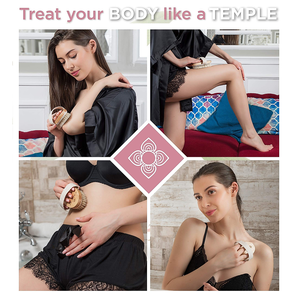 Premium Dry Brushing Body Brush Set, Medium Boar Bristles Dry Scrub Brushes for Face Exfoliating, Cleansing & Lymphatic Drainage, Skin Beauty Brush with Handle + Face Brush + Shower Gloves