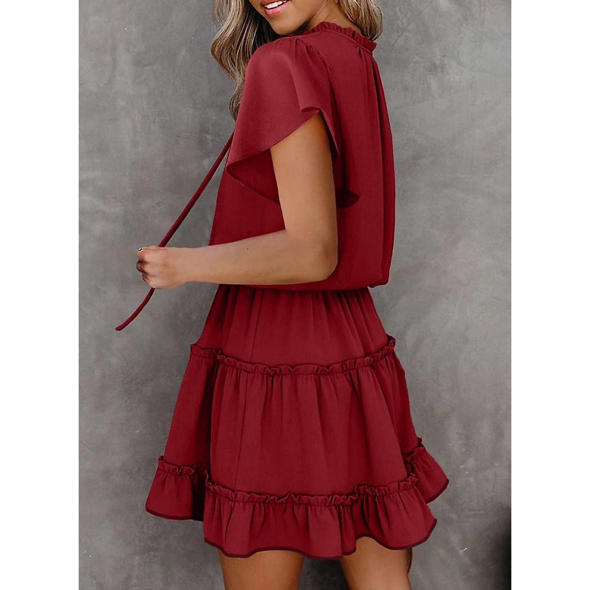 Dokotoo Womens Juniors Cute Spring Casual Summer Sexy Deep V Neck Ruffle Chiffon Lantern Short Sleeve Elegant Empire Waist Flowy Pleated Mini Short Skirt Dresses for Women Party 2025 Wine Small