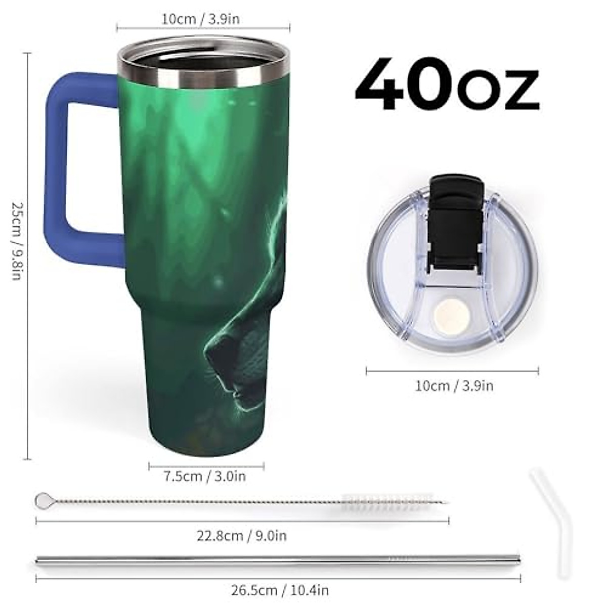 LLUTSNTH 40 Oz Vacuum Tumbler with Deep Blue Handle Leakproof Insulated Tumbler Green Wolf Stainless Steel Travel Mug with Lid And Straw Coffee Cup Cute Water Bottles Cup Holder Friendly