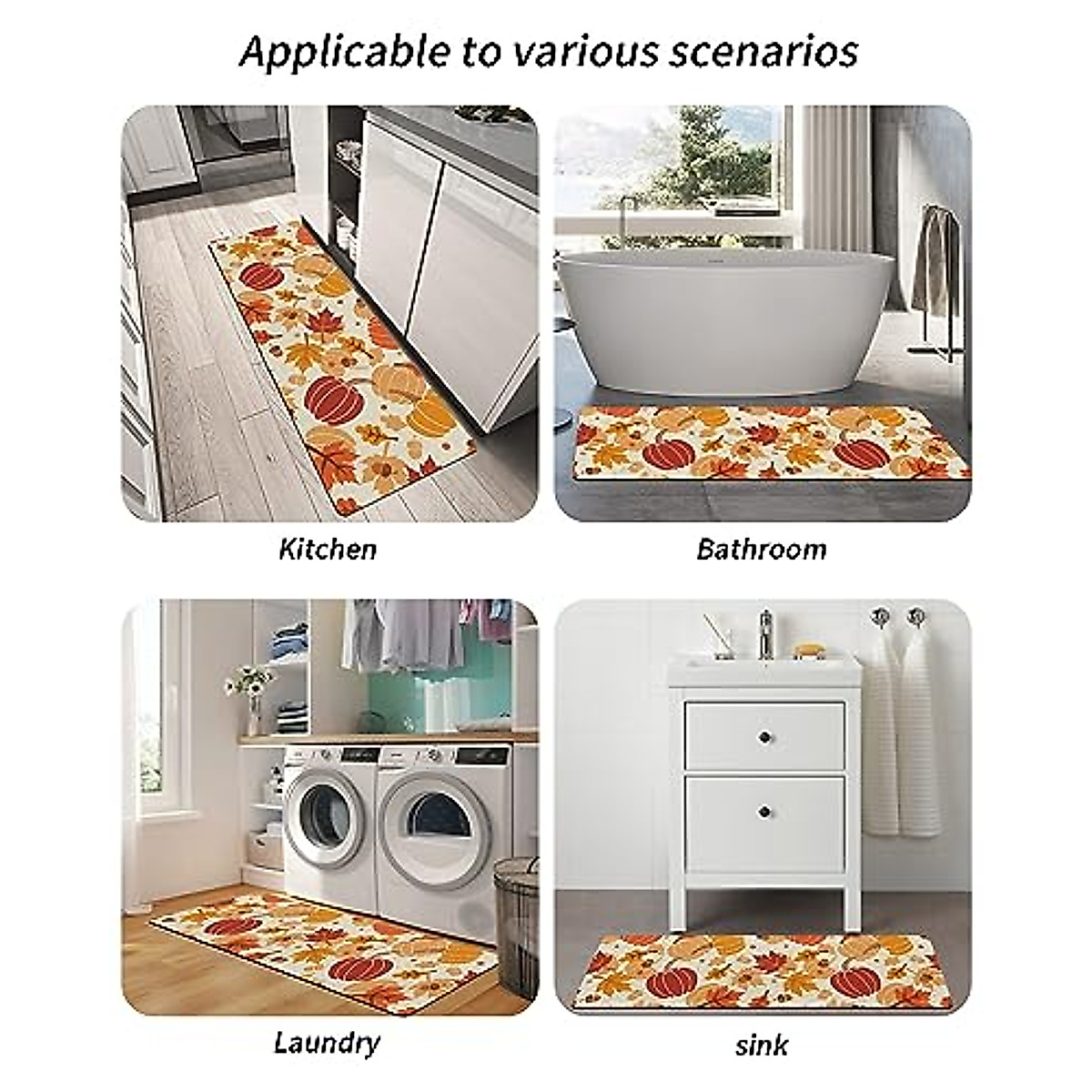 Farm Rustic Pumpkins Bath Mat for Tub,Non Slip Bathroom Floor Runner Rug Quick Dry & Absorbent Diatomaceous Earth Shower Sink Bedroom Kitchen Washable Doormat,Thanksgiving Autumn Maple Leaves 16"x47"