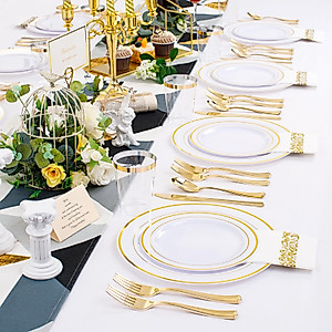 WDF 120 pieces Gold Disposable Plastic Plates - White and Gold Plates Include 10.25" Dinner Plates & 7.5" Salad Plates for Weddings and Party