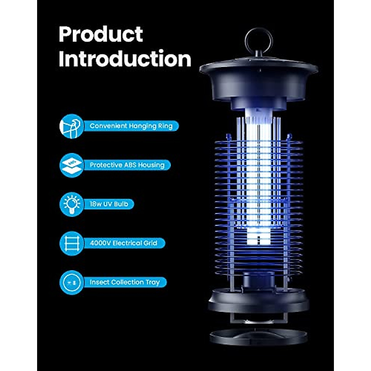 Gaiatop Bug Zapper Outdoor, 4000V 18W Mosquito Zapper Outdoor with 5ft Power Cord, Waterproof Electric Insect/Fly Trap Zapper Killer for Home Backyard Garden Patio - Black