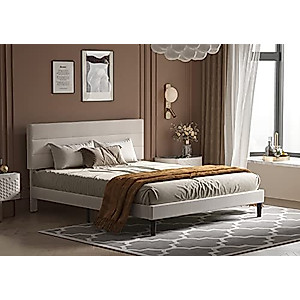 BONSOIR Bed Frame Modern Horizontal Panel Upholstered Low Profile Platform with Tufted Headboard/No Box Spring Needed/No Bed Skirt Needed/Linen Fabric Upholstery/Beige (Queen Size)