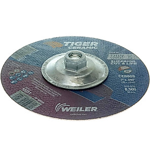Weiler 58312 7 Inch Cutting Wheel, Tiger Ceramic Stainless Steel Superior Life & Cut Contaminant Free Max Performance Cutting, .060" CER60S Type 27 5/8"-11 Hub, Pack of 10