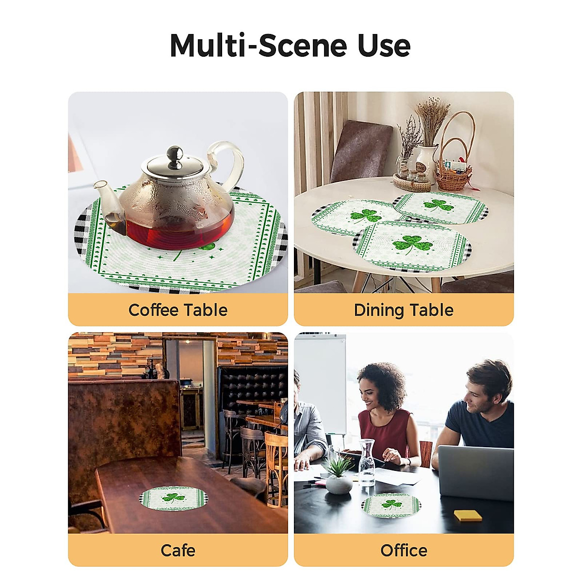 15" Round Braided Placemats Set of 2 St. Patrick Clover Shamrocks Classic Woven Place Mats Table Mats Set-Thick Heat Resistant Kitchen Trivet Hot Pads Pot Holder for Dining Tables