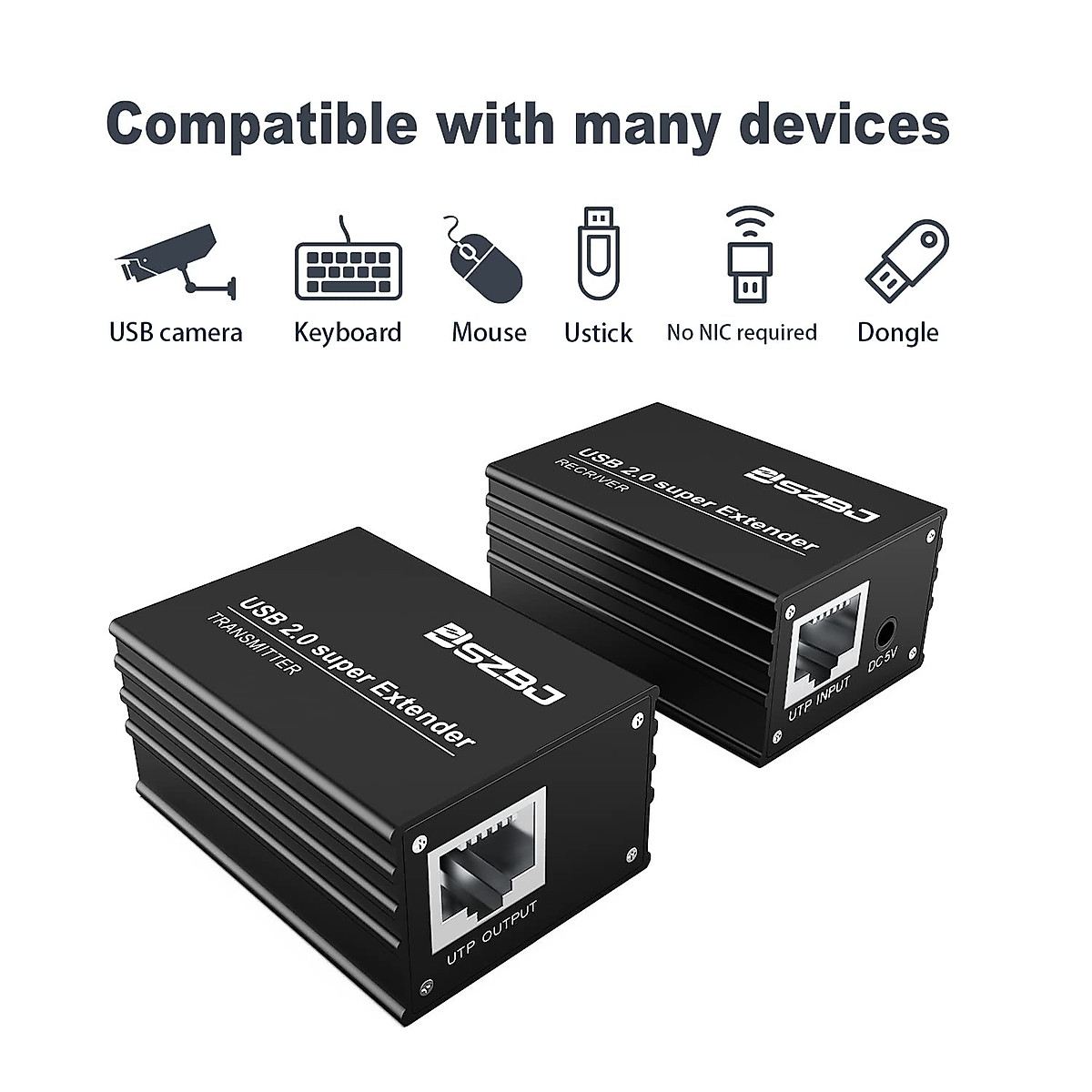 SZBJ USB Extender Over RJ45 Cat5E/6 up to 230ft Ethernet Cable Extender with Power Adapter with 2 USB2.0 Output - Full USB 2.0 Support for Keyboard, Dongle，Mouse, Webcam, and All Operating System 102
