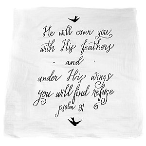 Under His Wings Muslin Swaddle & Bonus Baby Hat with Scripture Quote (Psalm 91) - 100% Organic Unbleached Cotton - Swaddle/Blanket is a Unique Shower & Baptism Gift -
