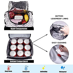 VENLING Insulated Lunch Bag for Men Women Expandable Dual Compartment Lunch Cooler Bag with Shoulder Strap Cooling Lunch Tote for Work Double Deck Lunch Box Leaproof Reusable Lunch Pail,Black Marble