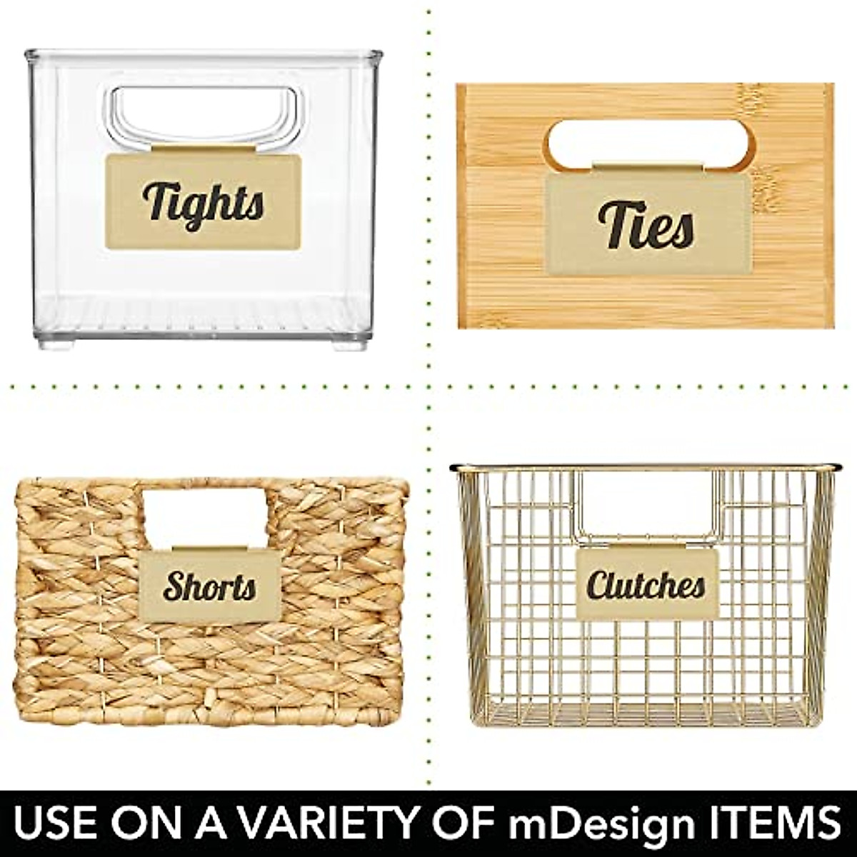 mDesign Steel Clip-On Basket and Bin Tags for Closet Storage, Metal Hanging Holders for Cabinet, in-Drawer, Shelf, and Racks - Set of 8 + Adhesive Labels - Soft Brass