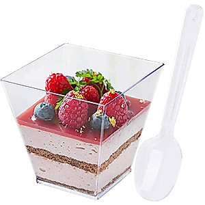 Tosnail 80 Pack 3.5 Oz Square Clear Plastic Mini Dessert Tumbler Cups with 100 Pieces Dessert Spoons