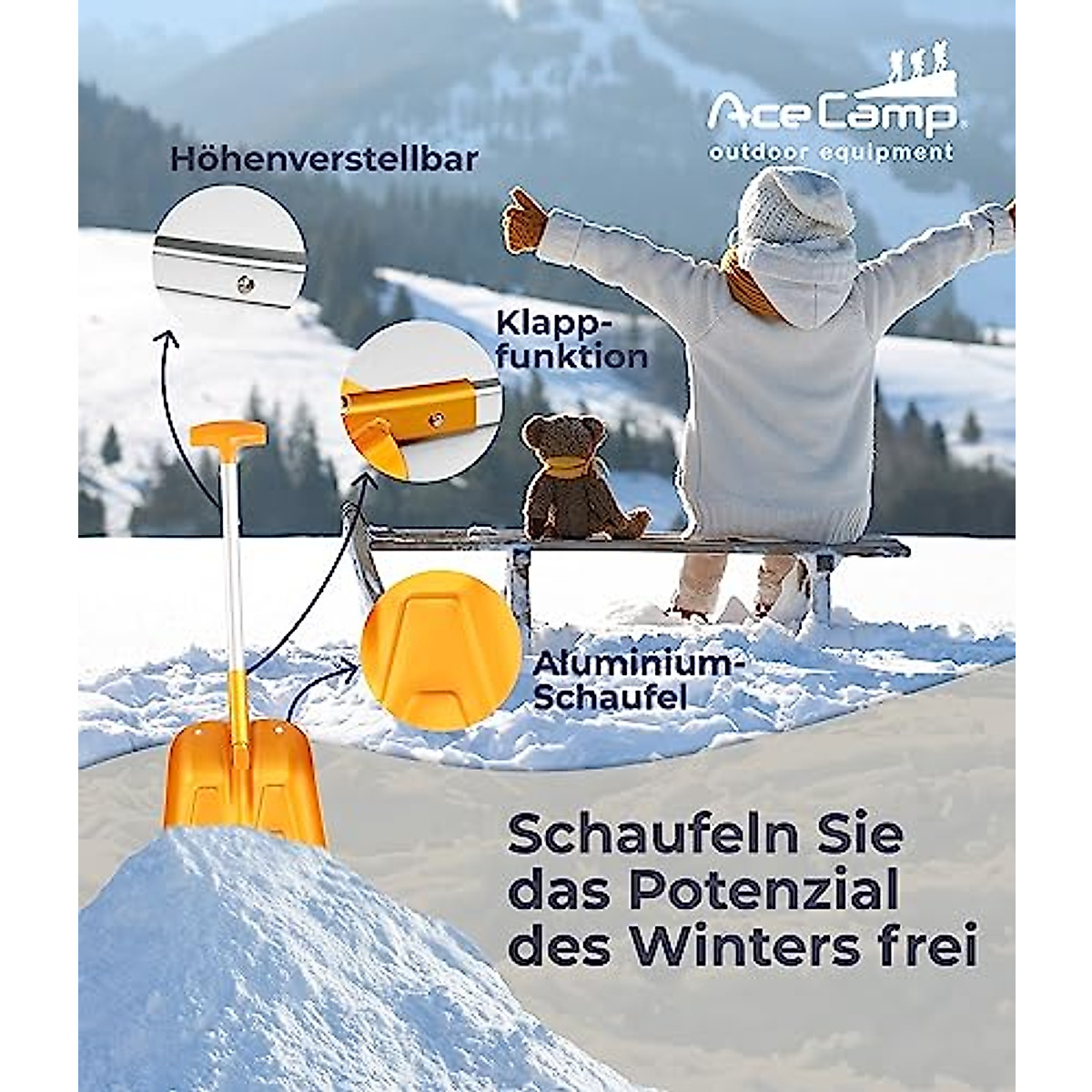 AceCamp Lightweight Collapsible Snow Shovel, Portable Adjustable Aluminum Emergency Shovel, Foldable Telescopic Winter Shovel for Car, Camping, Home