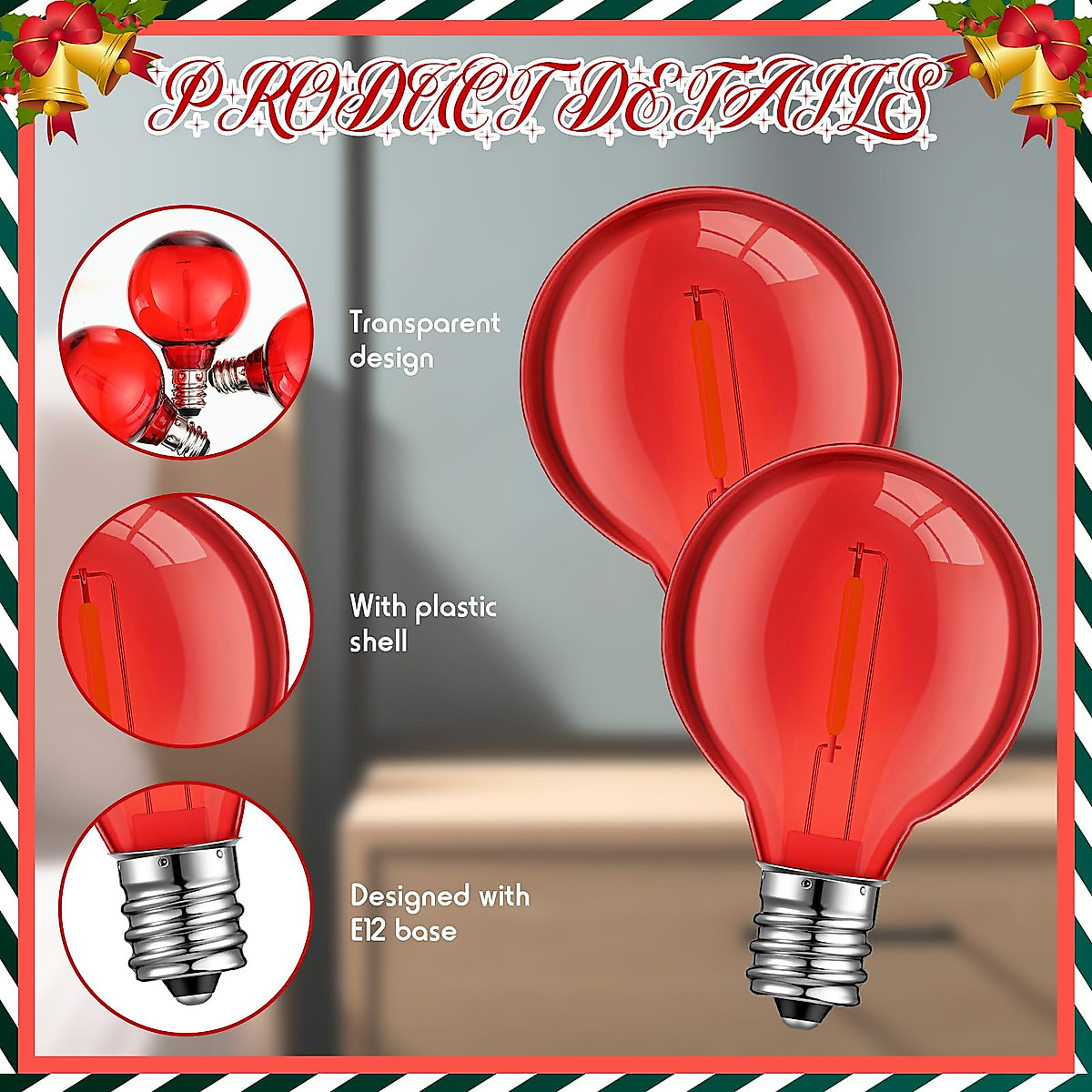 LEIFIDE 50 Pcs G40 Globe Replacement Light Bulbs LED Outdoor String Light 1w for Christmas Plastic Bulb with C7 E12 Candelabra Screw Base Indoor Patio Lights Decor (Red)